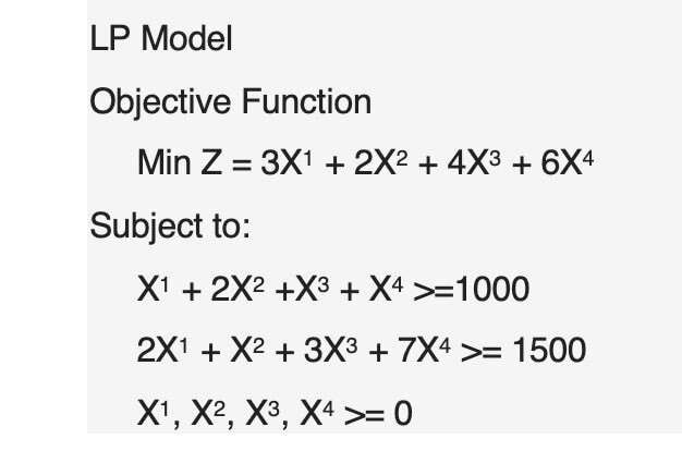 Solved Lp Model Objective Function Minz 3x1 2x2 4x3 6x4