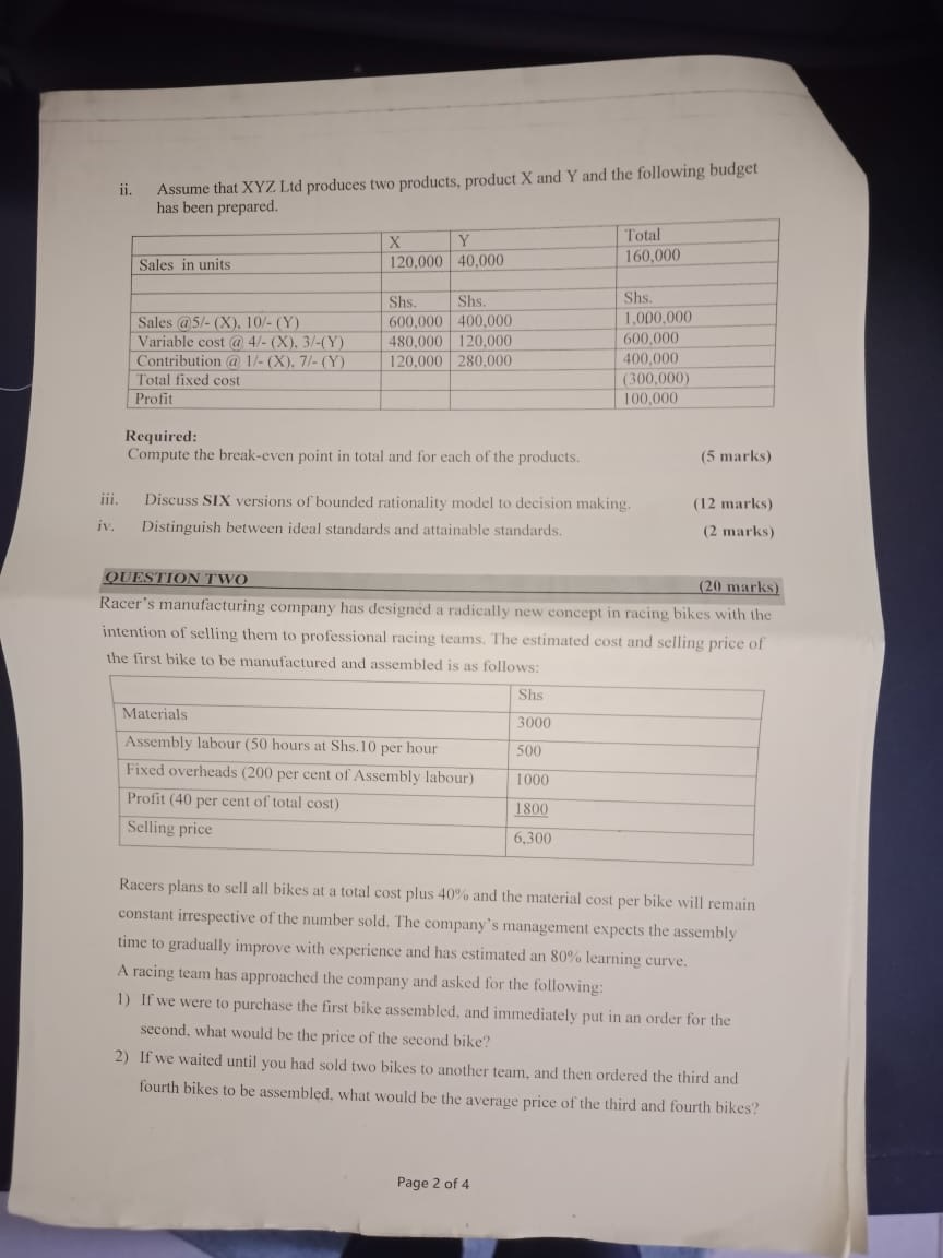 Solved ii. ﻿Assume that XYZ Ltd produces two products, | Chegg.com