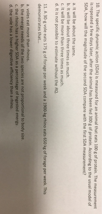 10. The specific dynamic action (SDA) is measured for | Chegg.com