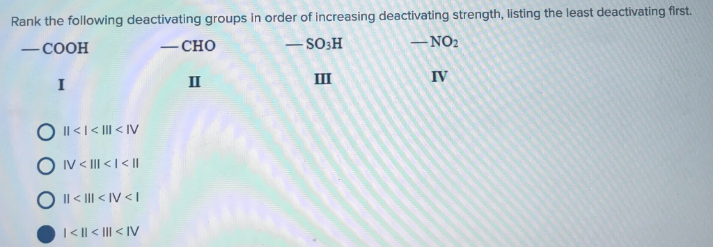 Solved Rank the following deactivating groups in order of | Chegg.com