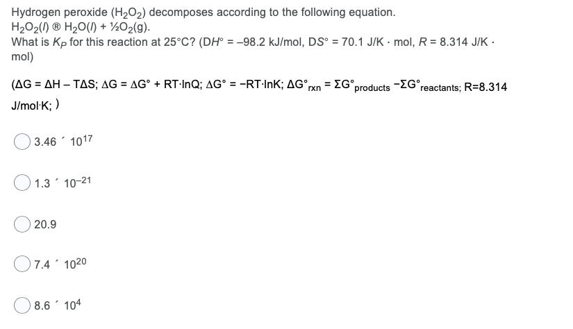 Solved Hydrogen peroxide (H2O2) decomposes according to the | Chegg.com