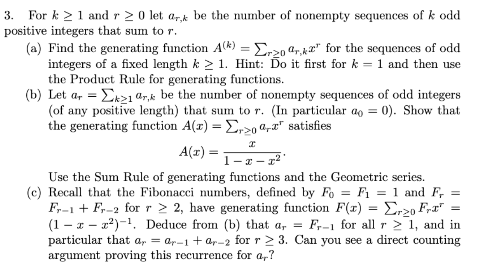 Solved For k≥1 and r≥0 let ar,k be the number of nonempty | Chegg.com