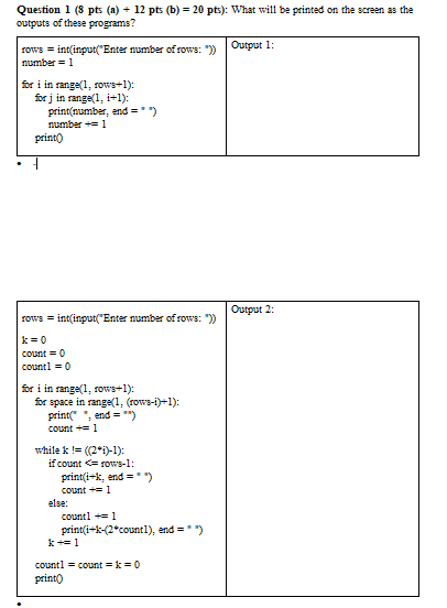 Solved Output 1: Question 1 (8 pts (a) + 12 pts (b) = 20 | Chegg.com