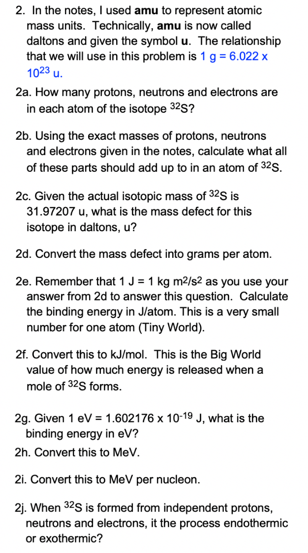 Solved 2. In the notes, I used amu to represent atomic mass | Chegg.com