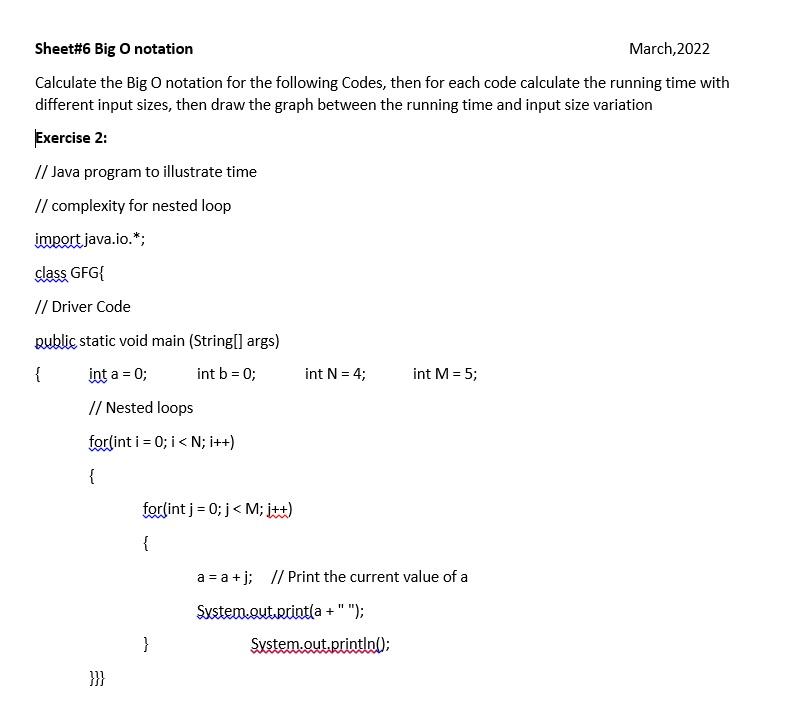 Solved Sheet#6 Big O notation March,2022 Calculate the Big O | Chegg.com