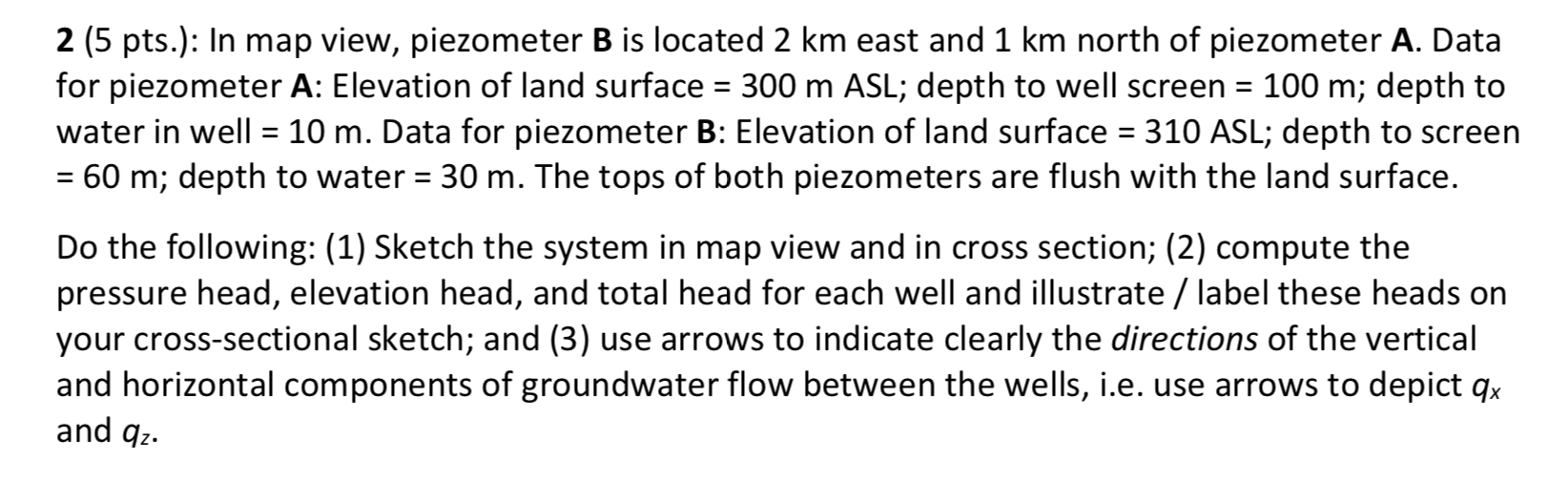 Solved 2 (5 pts.): In map view, piezometer B is located 2 km | Chegg.com