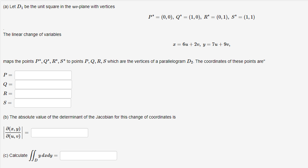 Solved (a) ﻿Let D1 ﻿be the unit square in the uv-plane with | Chegg.com
