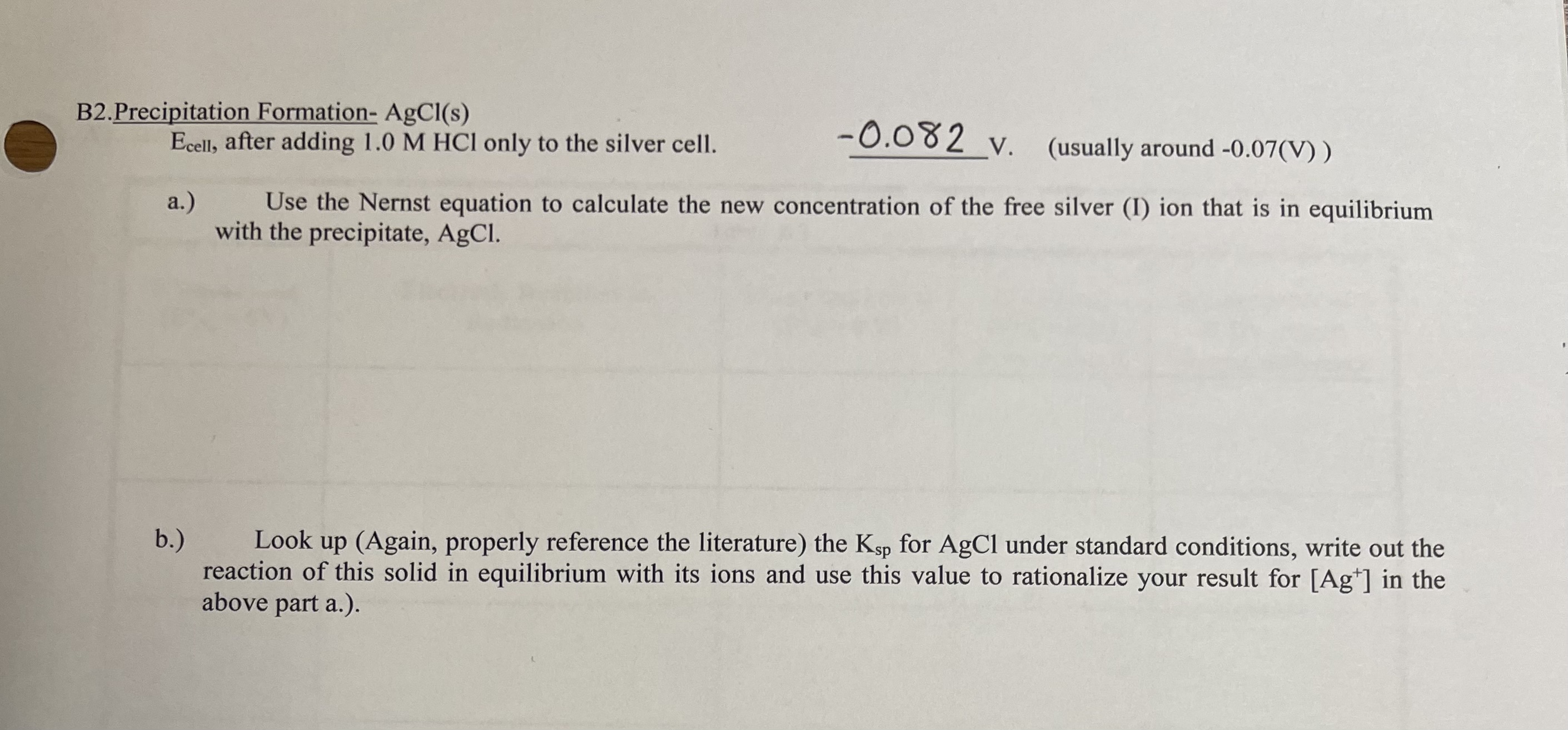 Solved B2.Precipitation Formation- AgCl(s) Ecell, , after | Chegg.com