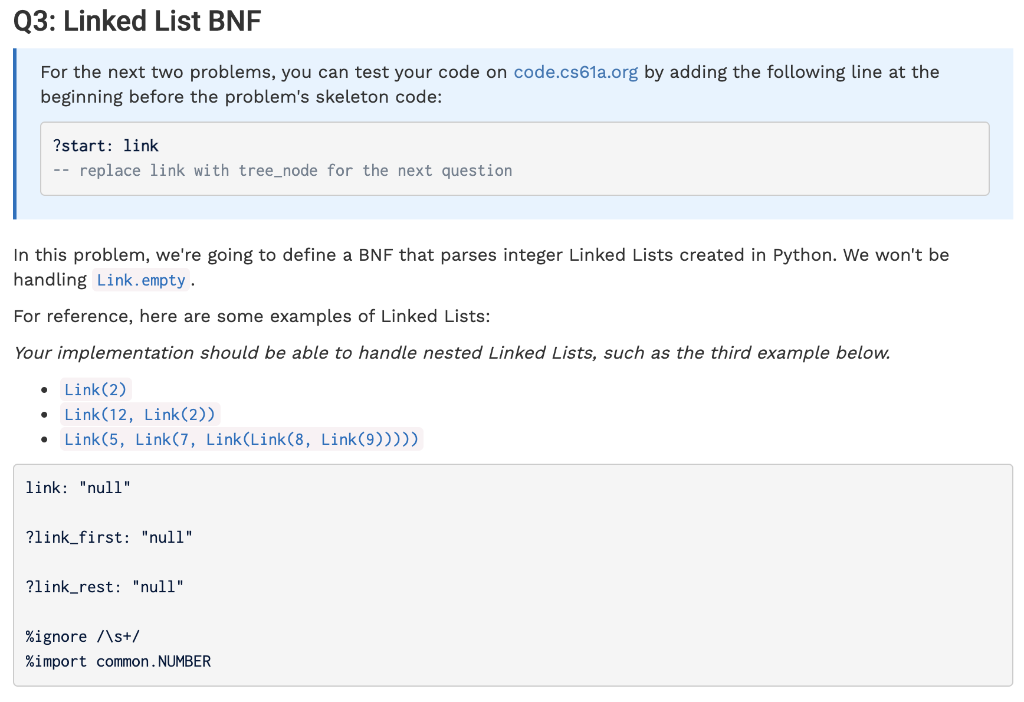 Q3: Linked List BNF For the next two problems, you | Chegg.com
