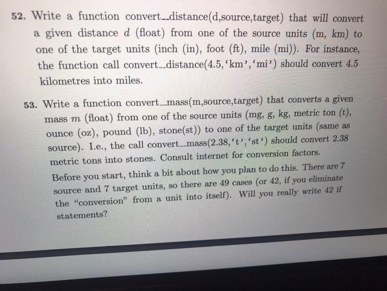 Solved 52. Write a function convert_.distance(d, source, | Chegg.com