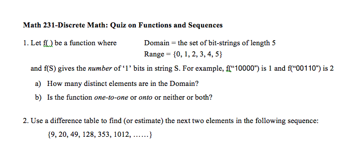 Solved Math 231-Discrete Math: Quiz on Functions and | Chegg.com