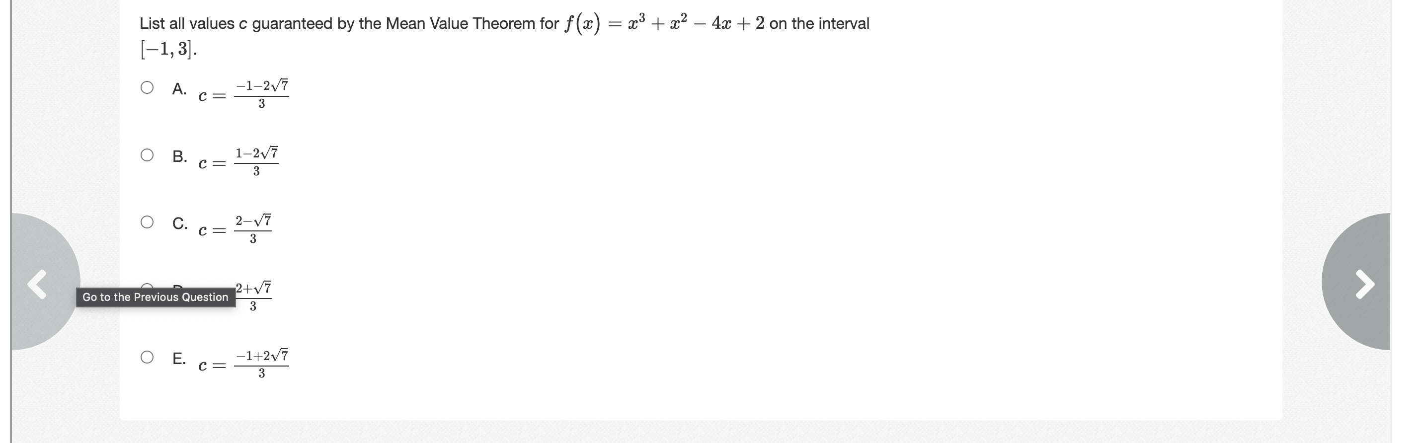 Solved List all values c guaranteed by the Mean Value | Chegg.com