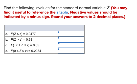 Solved Find the following z values for the standard normal | Chegg.com