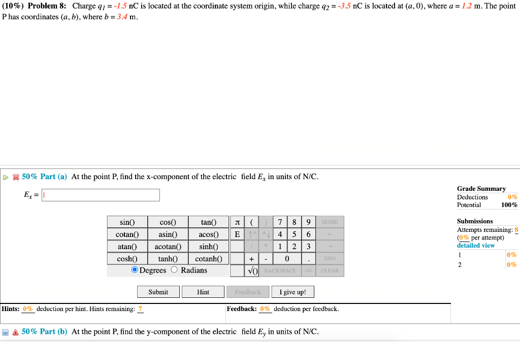Solved (10%) Problem 8: Charge q1 = -1.5 nC is located at | Chegg.com