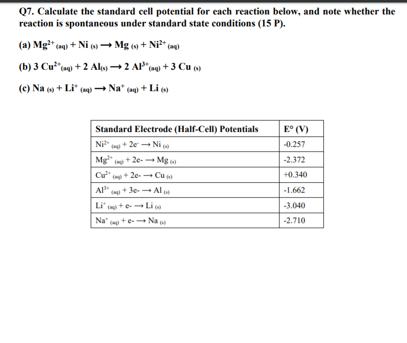 Solved Q7. Calculate the standard cell potential for each | Chegg.com