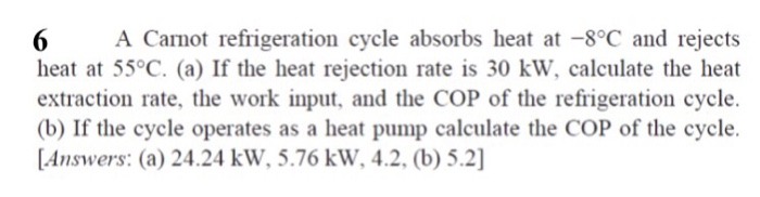 Solved 6 A Carnot refrigeration cycle absorbs heat at -8°C | Chegg.com