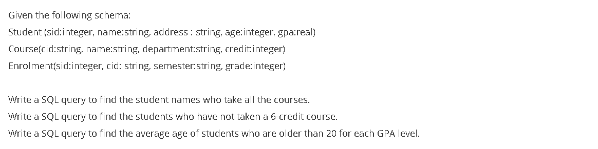 Solved Given the following schema: Student (sid:integer, | Chegg.com