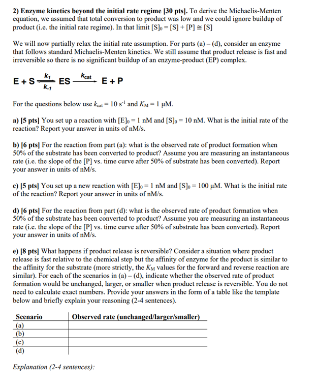 Solved 2) Enzyme kinetics beyond the initial rate regime [30 | Chegg.com