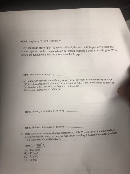 Solved (4pts) Frequency of third Overtone (ii) If the organ | Chegg.com