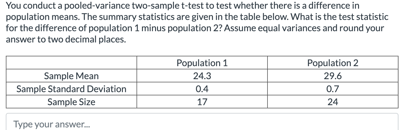 Solved You conduct a pooled-variance two-sample t-test to | Chegg.com