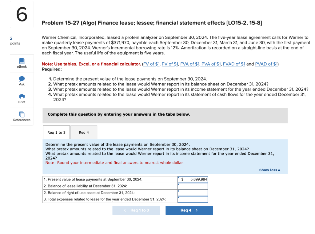 Solved Problem 15-27 (Algo) Finance lease; lessee; financial | Chegg.com