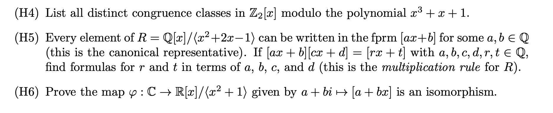 Solved = (H4) List all distinct congruence classes in Z2[2] | Chegg.com