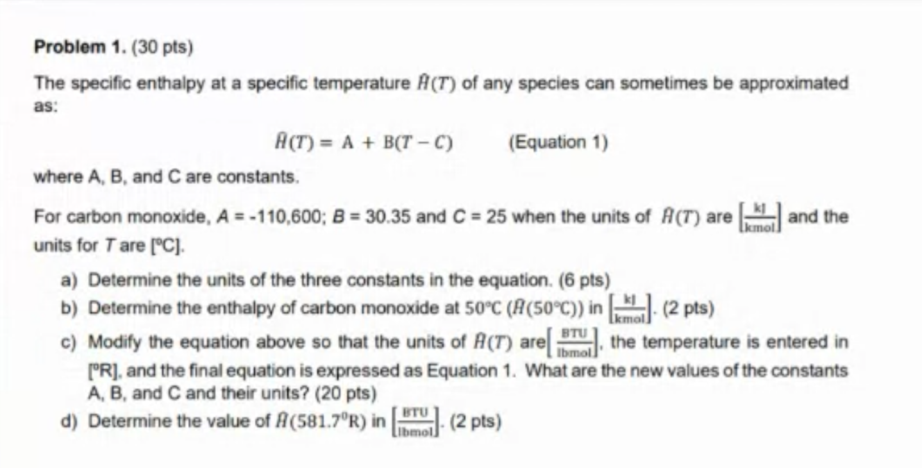 Solved The specific enthalpy at a specific temperature A(T) | Chegg.com