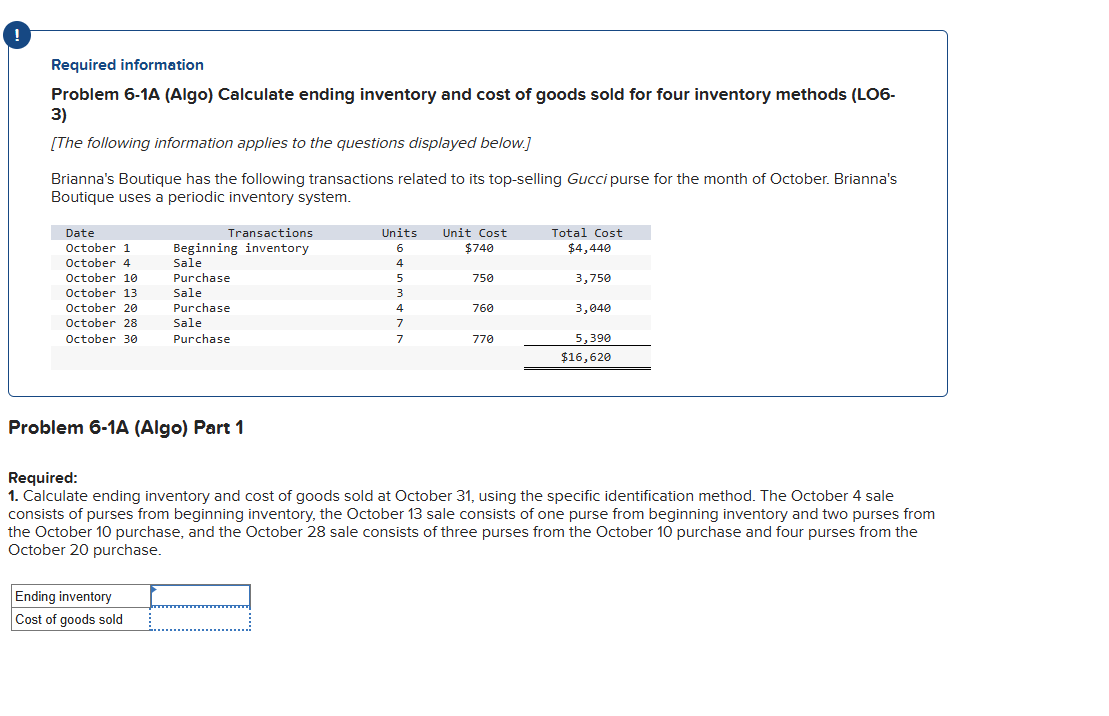 Solved \( ! \) ﻿Required information Problem 6-1A (Algo) | Chegg.com