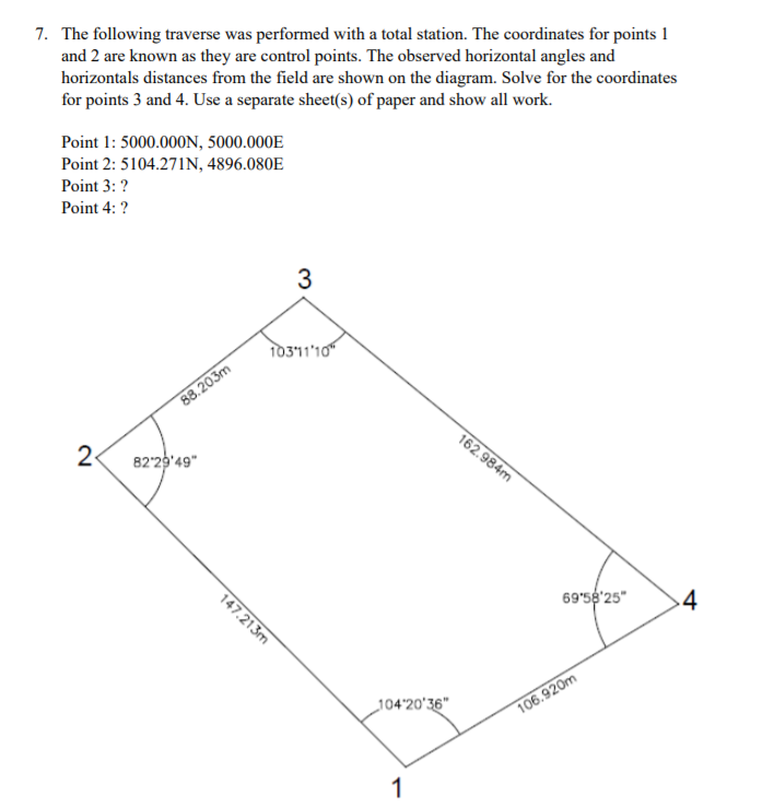 Solved 7. The following traverse was performed with a total | Chegg.com