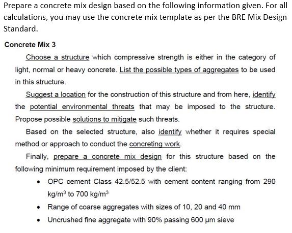 Prepare a concrete mix design based on the following | Chegg.com