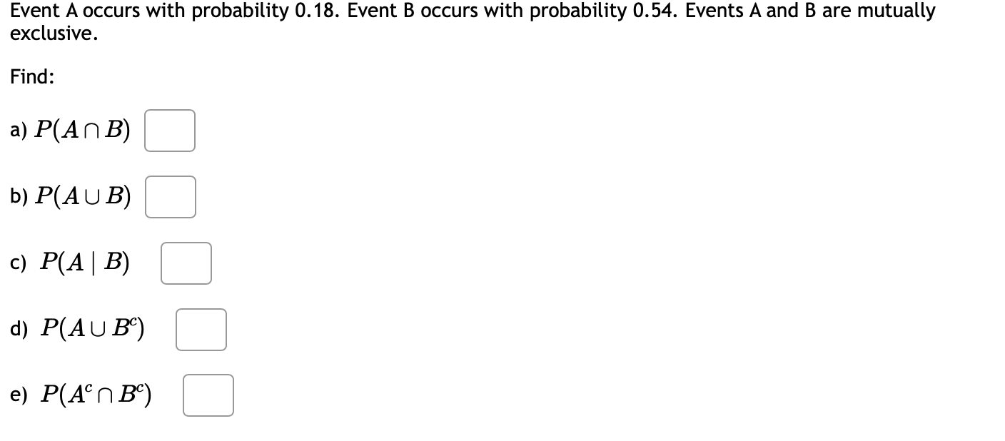 Solved Event A occurs with probability 0.18. Event B occurs | Chegg.com
