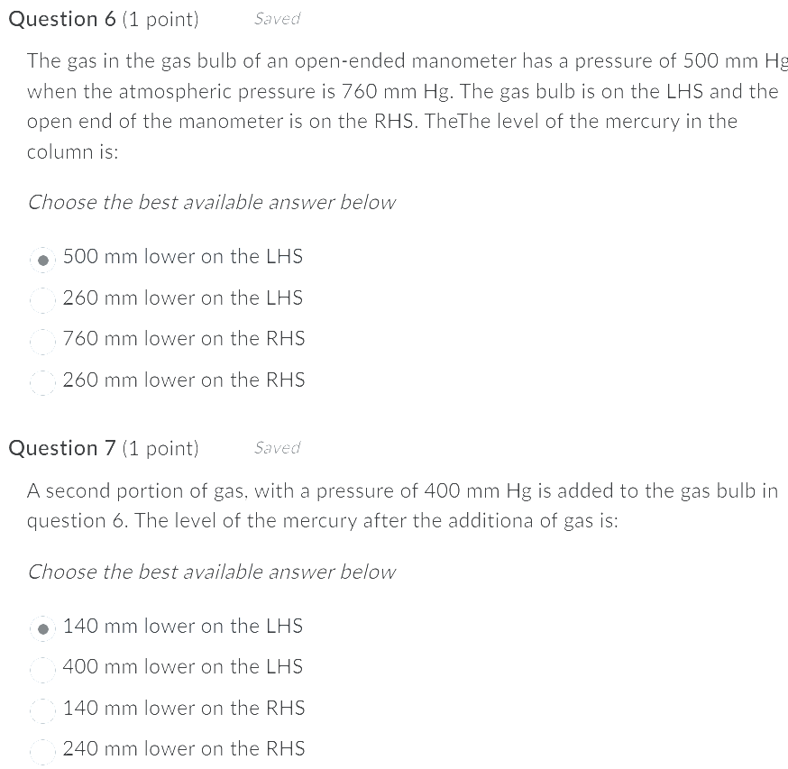 Solved The gas in the gas bulb of an open-ended manometer | Chegg.com
