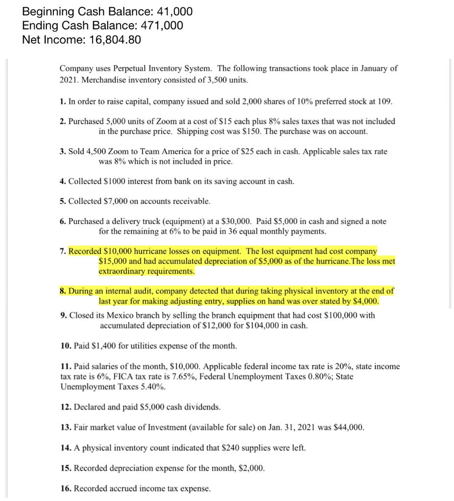 Beginning Cash Balance: 41,000 Ending Cash Balance: | Chegg.com
