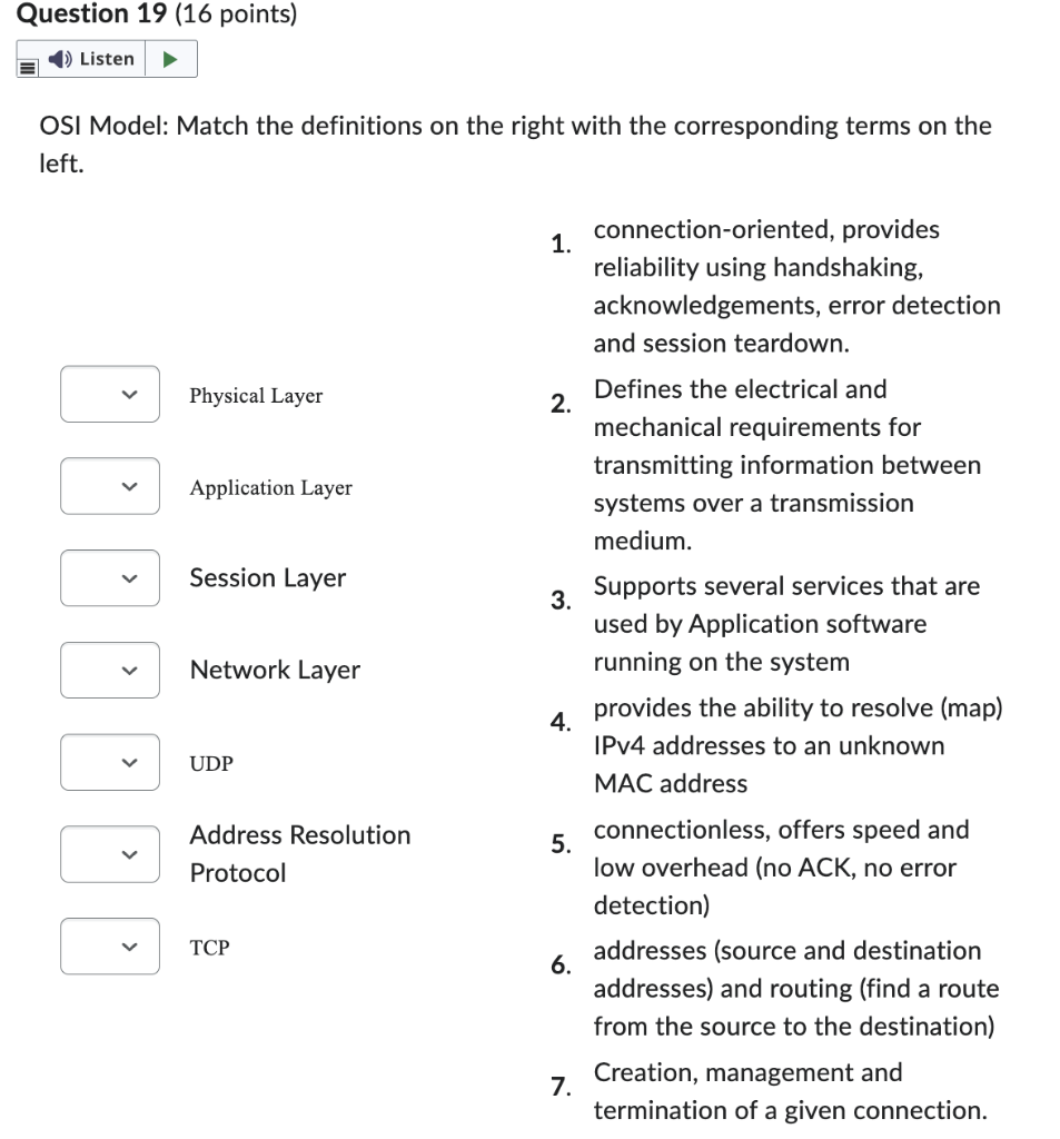 Solved Question 19 (16 points) OSI Model: Match the | Chegg.com