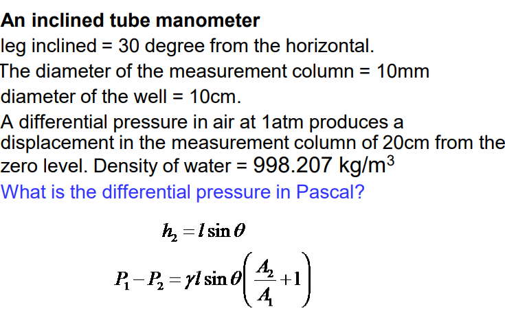 Solved An inclined tube manometer leg inclined = 30 degree | Chegg.com