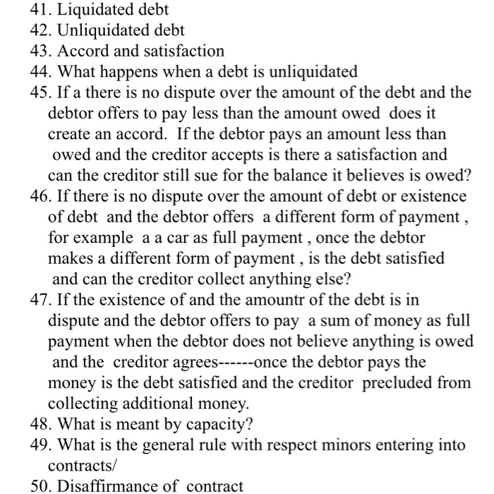 41. Liquidated debt 42. Unliquidated debt 43. Accord | Chegg.com