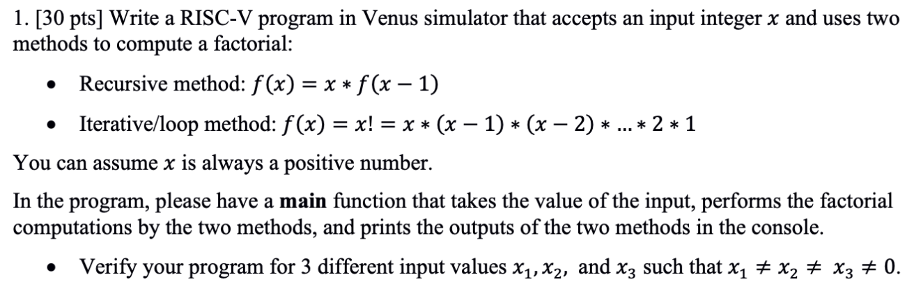 1. [30 pts] Write a RISC-V program in Venus simulator | Chegg.com