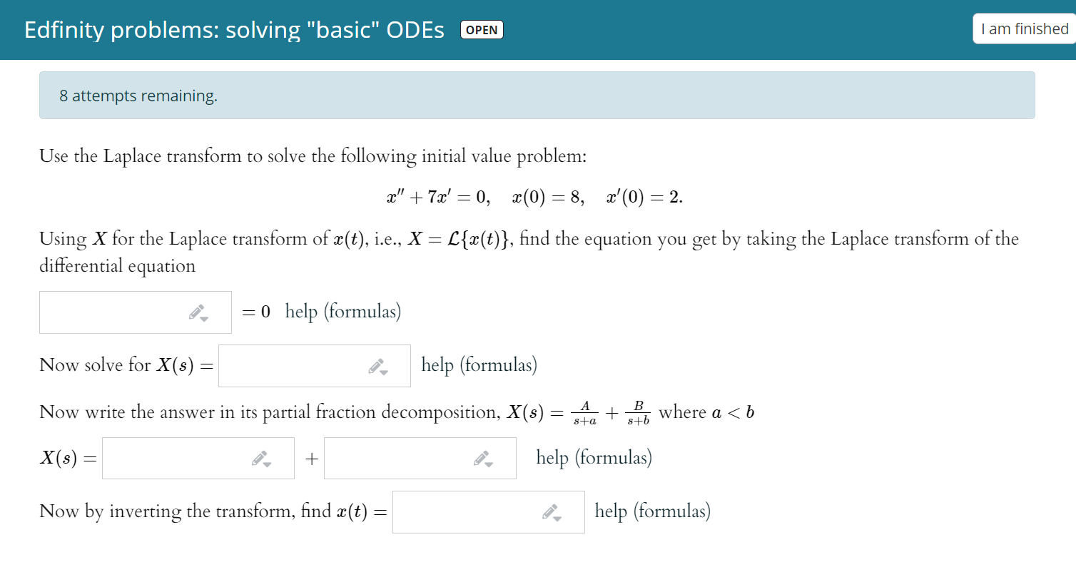 Solved Edfinity problems: solving "basic" ODES OPEN I am | Chegg.com
