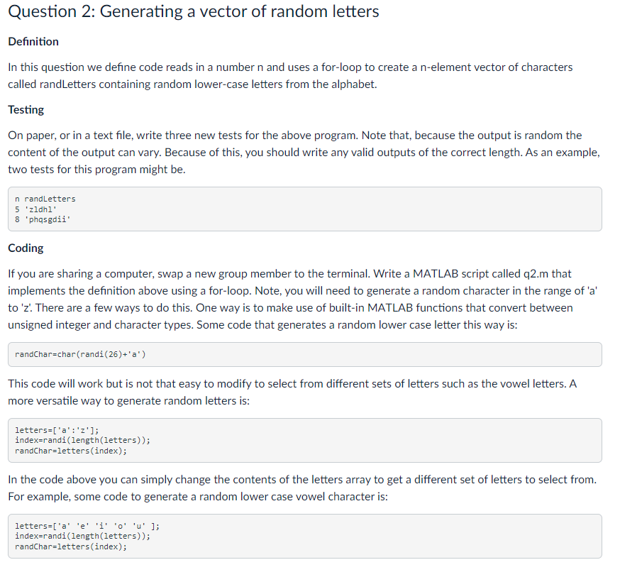 Solved Question 2: Generating a vector of random letters | Chegg.com
