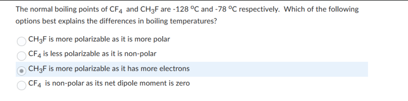 Solved The normal boiling points of CF4 ﻿and CH3F ﻿are | Chegg.com