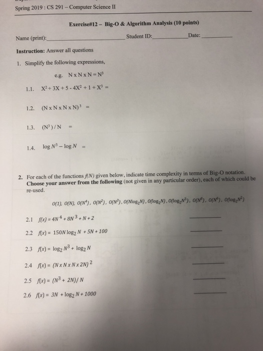 Solved Spring 2019: CS 291-Computer Science II | Chegg.com