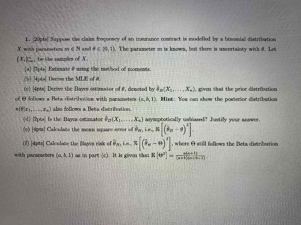 Solved 1. [20pts) Suppose the claim frequency of an | Chegg.com