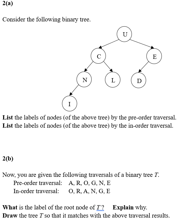 Solved 2(a) Consider the following binary tree. U E N L D I | Chegg.com
