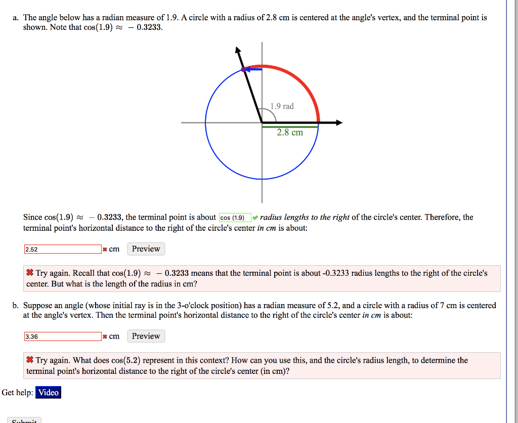Solved a. The angle below has a radian measure of 1.9. A | Chegg.com