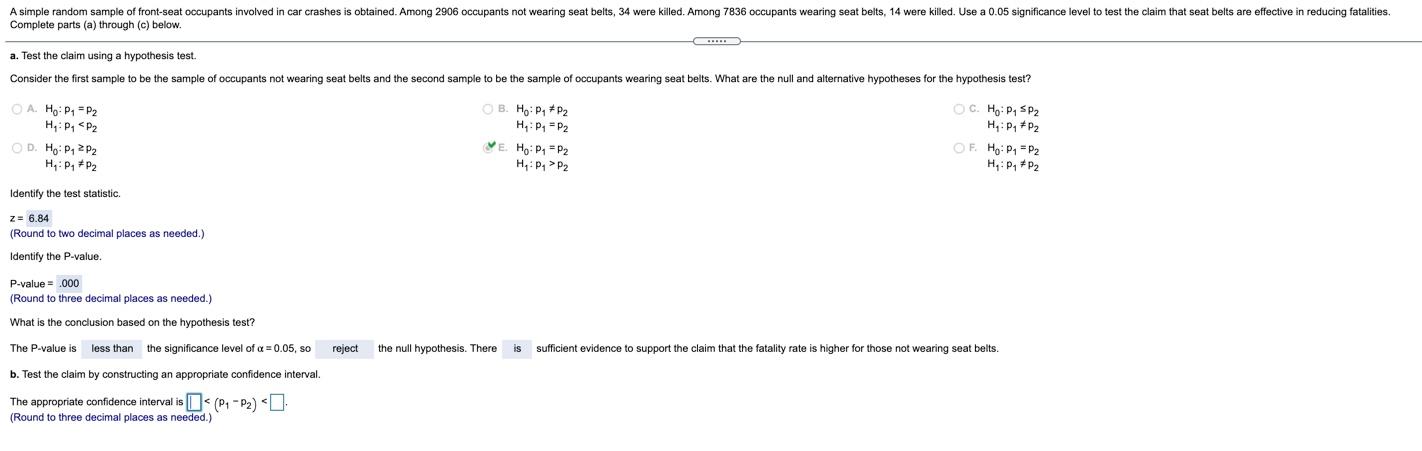 Solved A simple random sample of front-seat occupants | Chegg.com