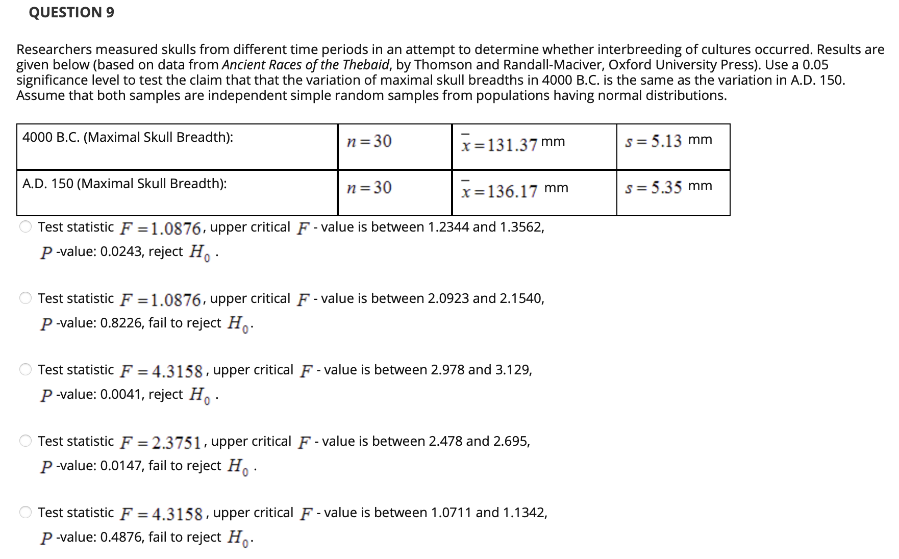 Solved Researchers measured skulls from different time | Chegg.com