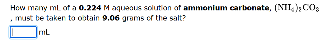 Solved How many mL of a 0.224 M aqueous solution of ammonium | Chegg.com