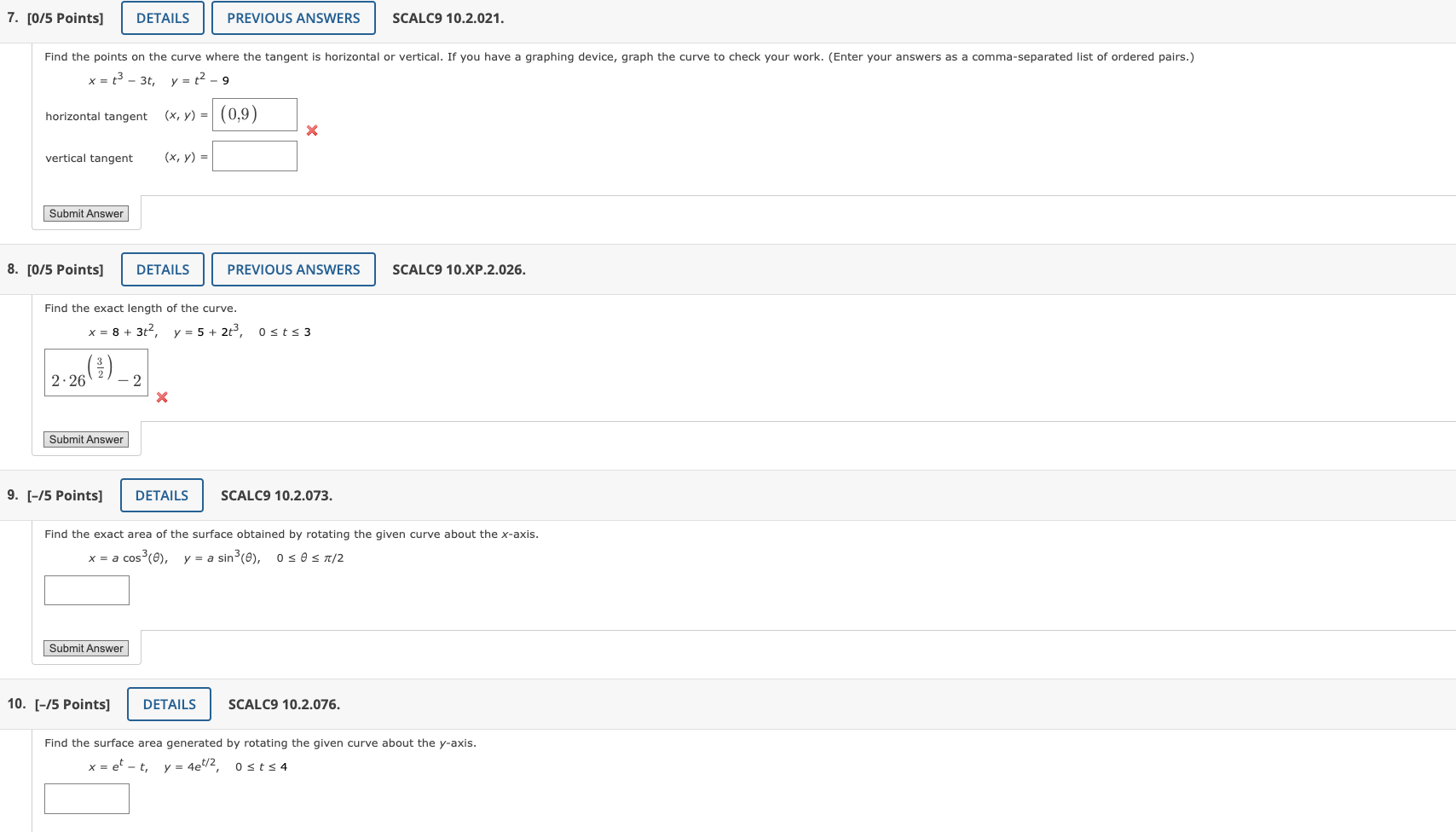 Solved [0/5 Points] SCALC9 10.2.021. x=t3−3t,y=t2−9 | Chegg.com
