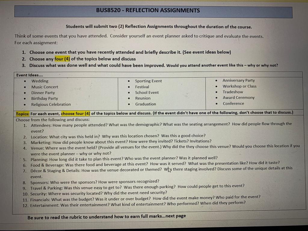 Solved BUS8520 - REFLECTION ASSIGNMENTS Students will submit | Chegg.com