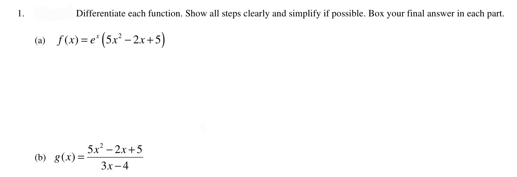 Solved 1 Differentiate Each Function Show All Steps 2304